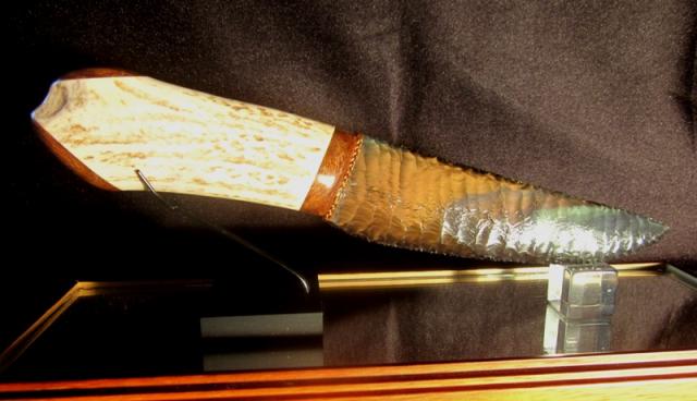 Rainbow obsidian, Davis Creek, CA with elk antler and walnut. 11 1/2"