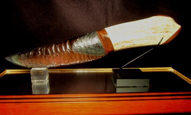 Rainbow obsidian, Davis Creek, CA with elk antler and walnut. 11 1/2"