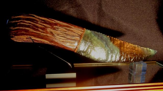 Rainbow obsidian, Davis Creek, CA with AZ Ironwood branch. 11"